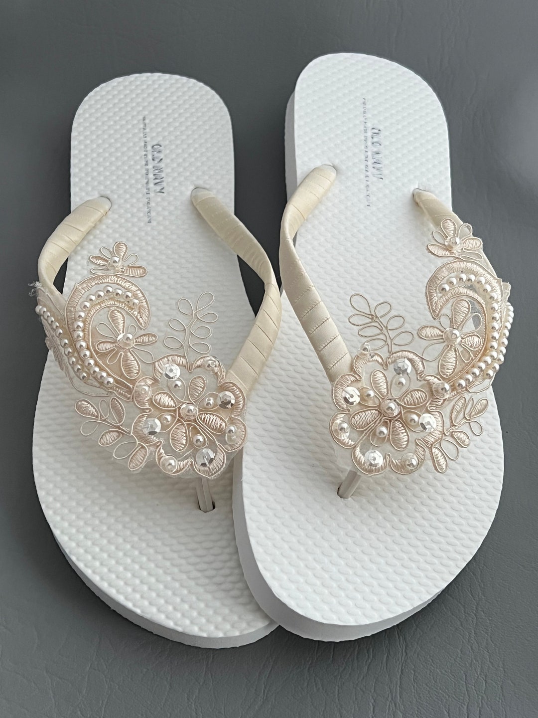 Ivory Lace Wedding Flip Flops, Beaded Bridal Sandals - Etsy