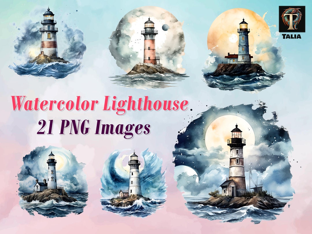 Watercolor Lighthouse Clipart Bundle Set of 21 Design PNG Watercolor ...