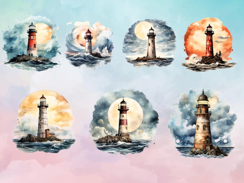 Watercolor Lighthouse Clipart Bundle Set of 21 Design PNG Watercolor ...