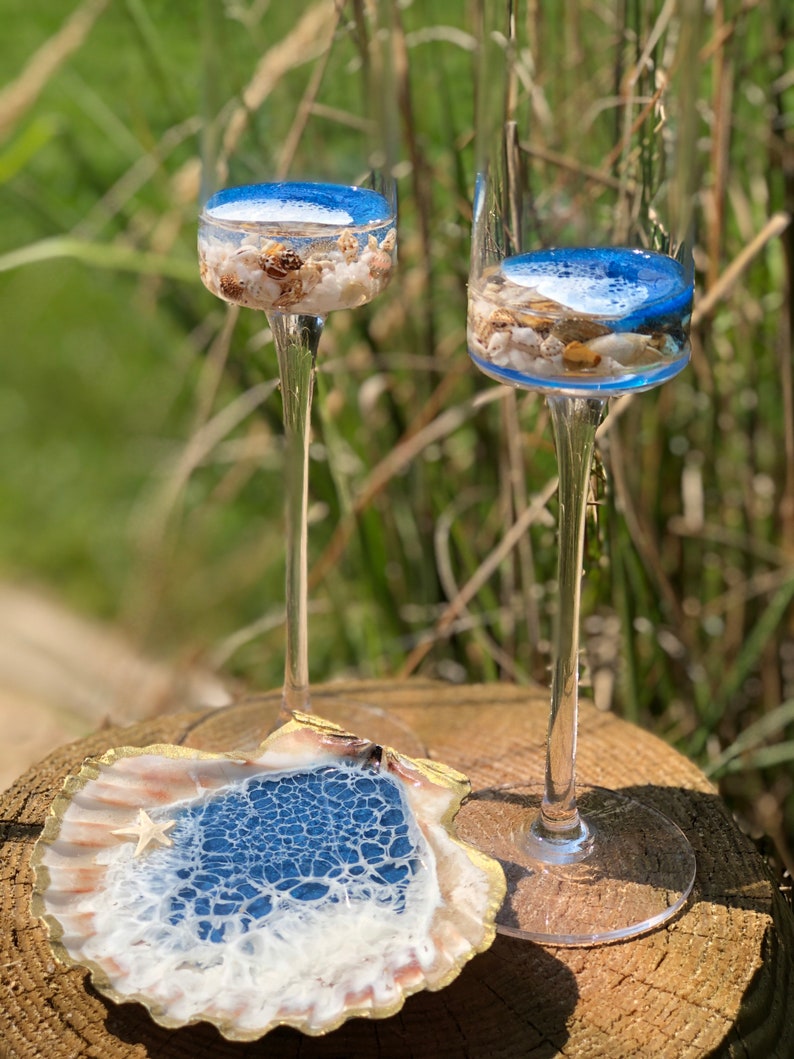 Ocean Resin Seashell Wave Crystal Champagne Flutes / Wedding - Etsy