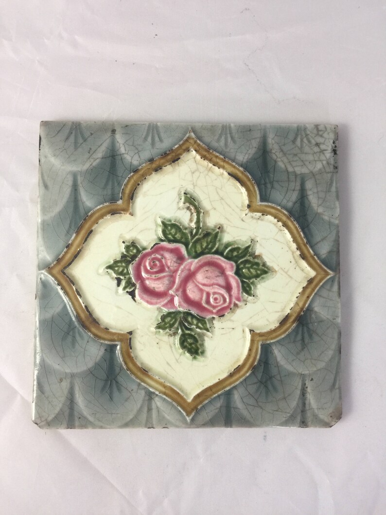Vintage Tile English Majolica Pottery Roses H.R. Johnson Cristal ...