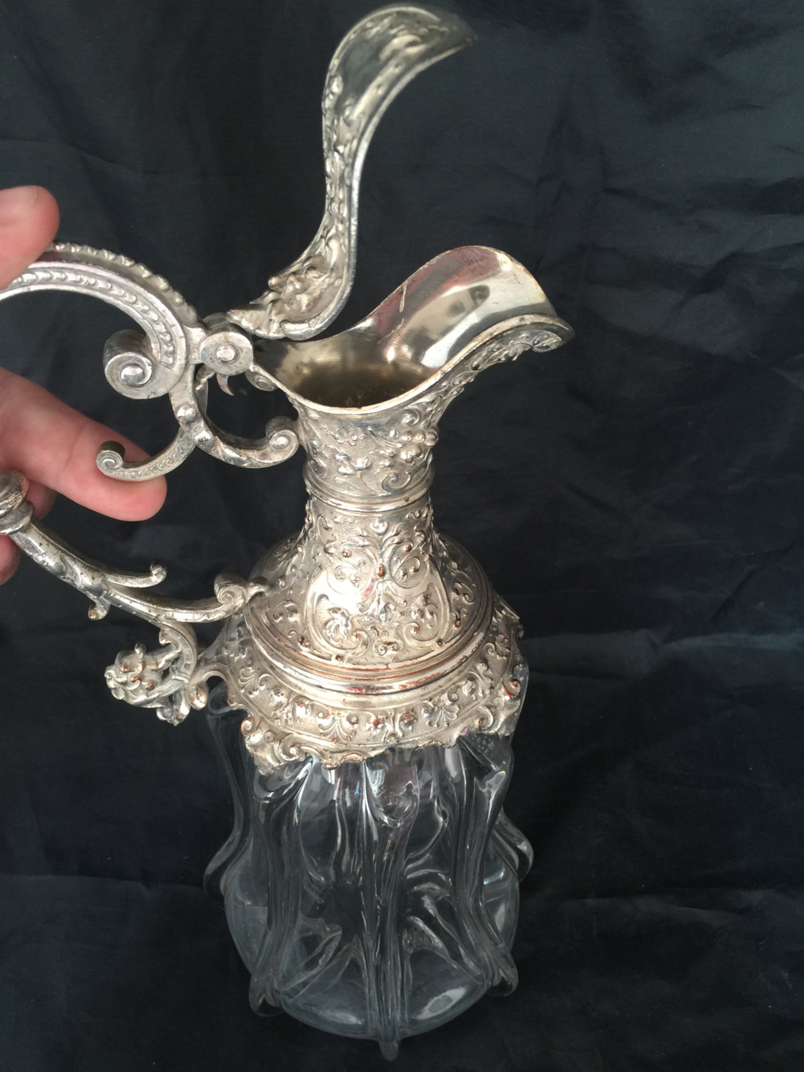 Vintage Claret Jug Silver Plate Glass Decanter Wine Bacchus Ewer ...