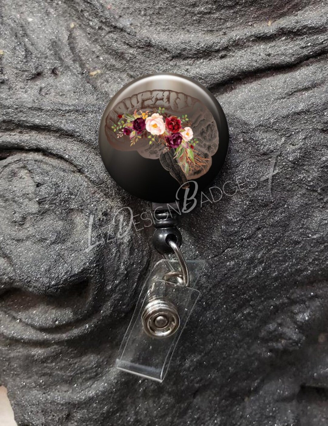Brain and Floral Badge Reel, Retractable Badge Holder, Anatomy Badge ...