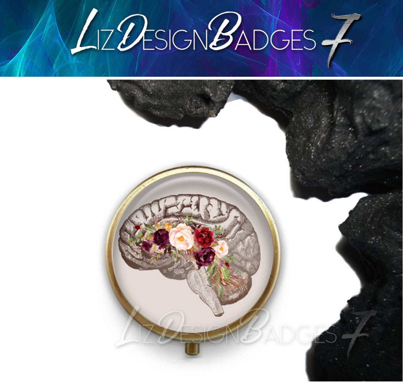 Floral Human Brain Pill Box, Floral Brain Pill Case, Trinket Box ...