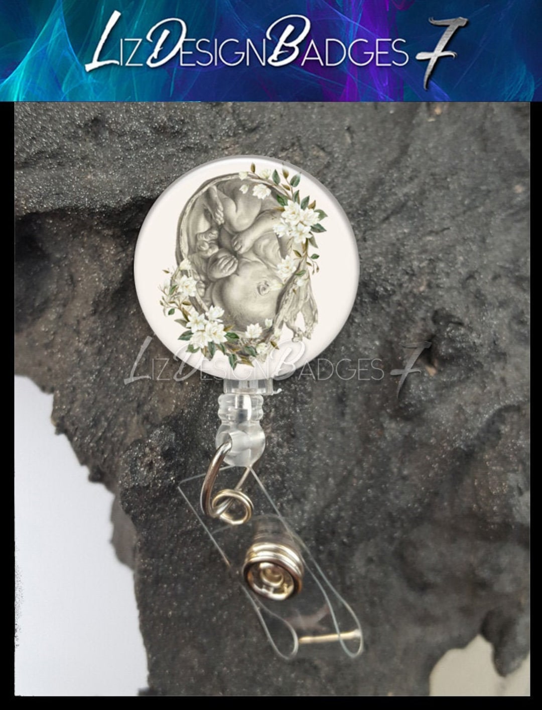 Floral Fetus Badge Reel - Fetus Womb Baby Retractable Badge Reel ...