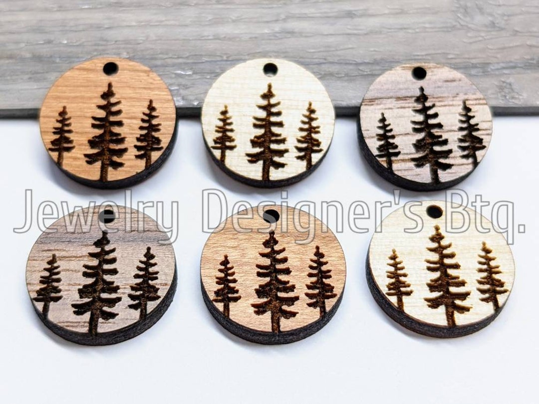 15mm - Pine Tree Engraved Wood Charms - Real Wood Veneer Semi-matte ...