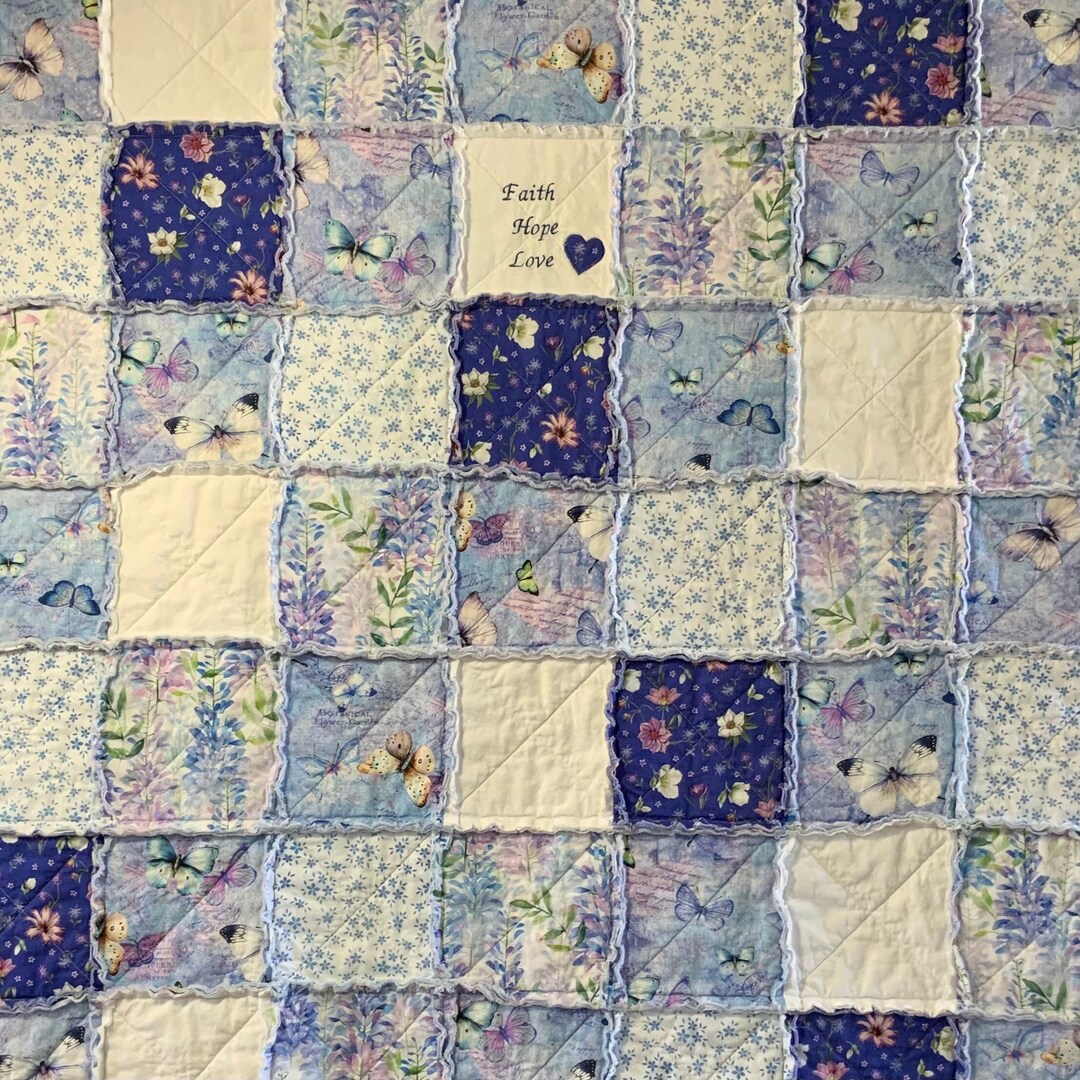 Patchwork Lap Quilt Handmade, Blue and Lavender Quilt, Butterfly Lap Quilt, Embroidered Blanket ...