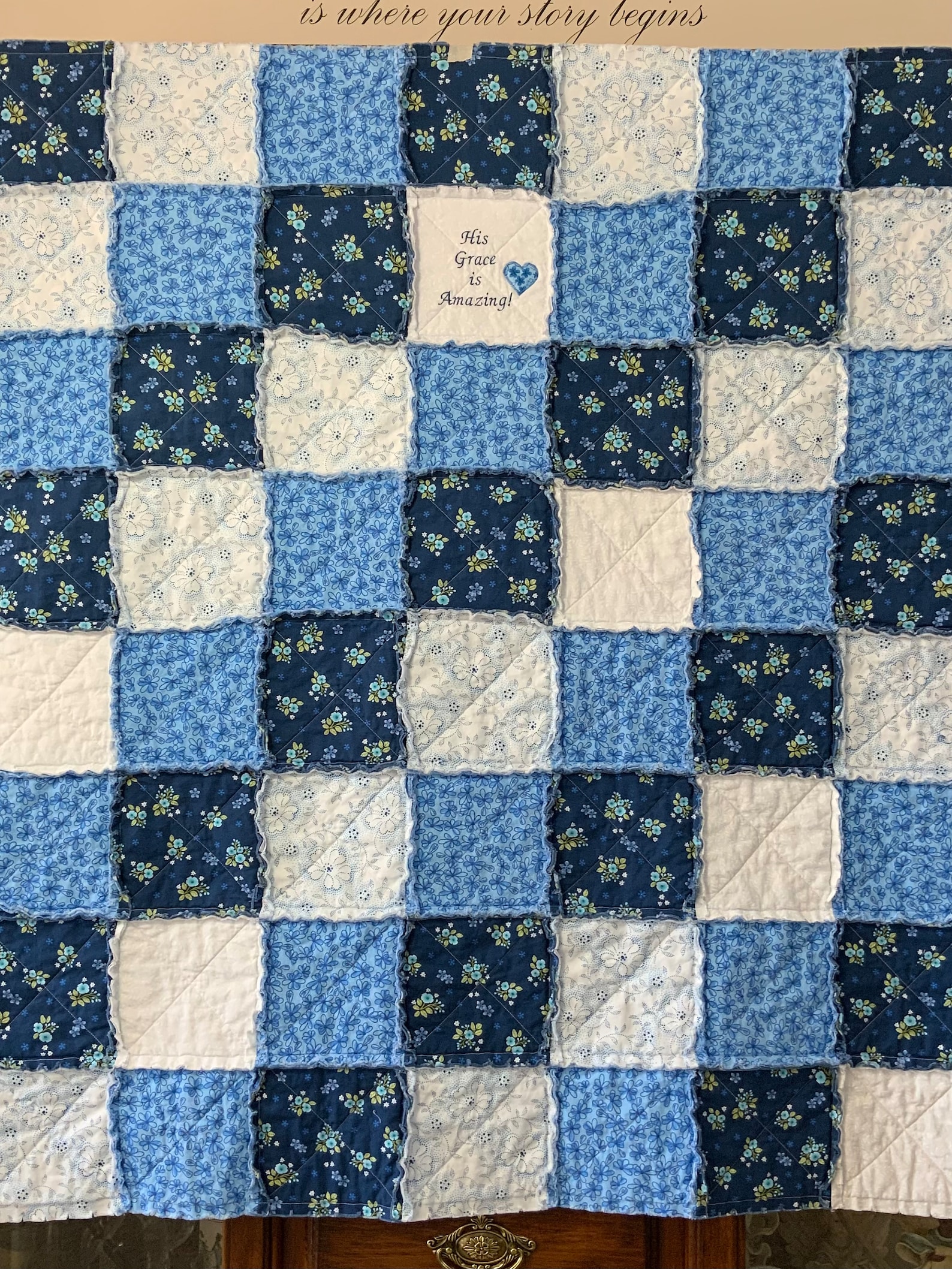Embroidered Rag Quilt, Blue & White Christian Lap Quilt (41x47) - Etsy