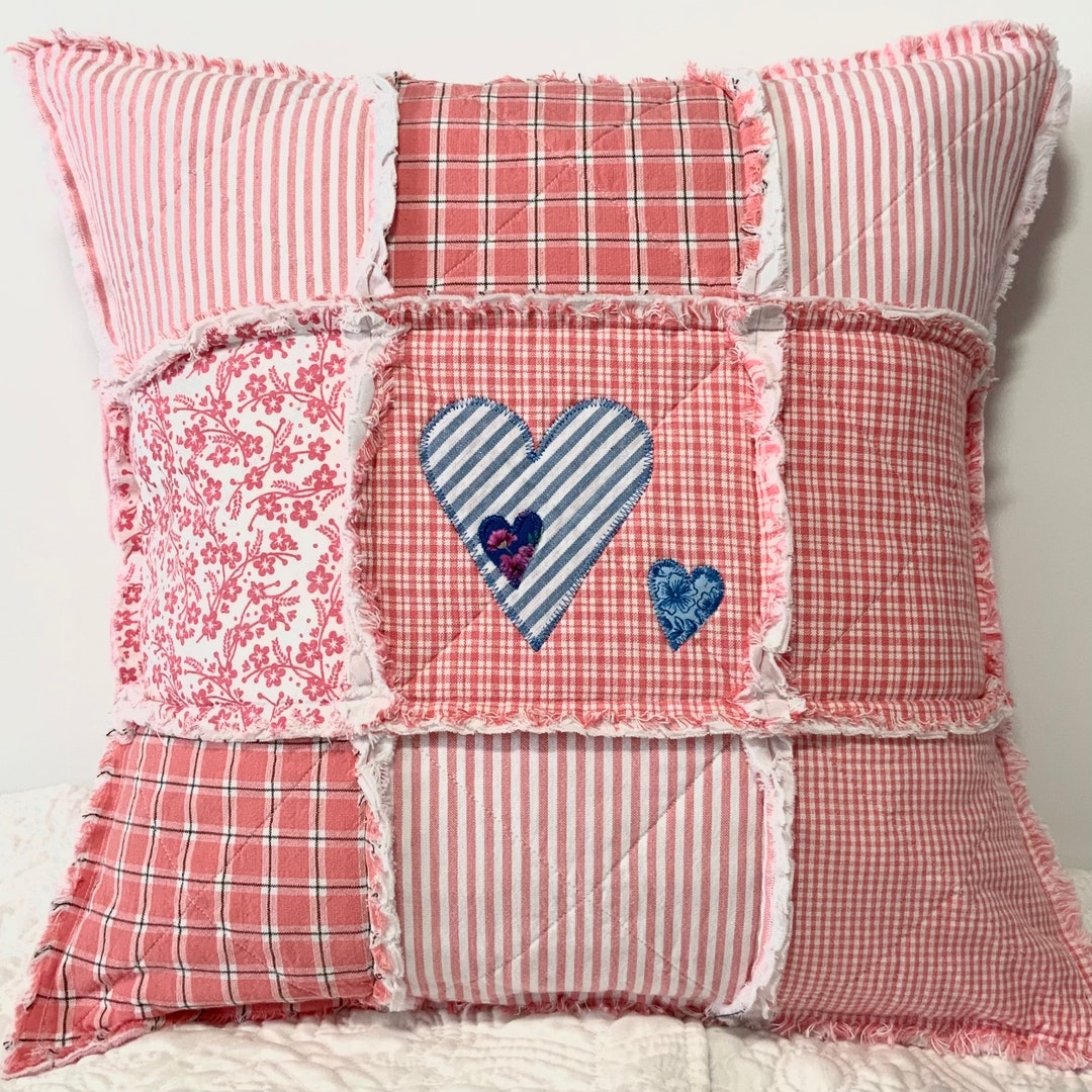 Pink Heart Pillow Handmade, Quilted Pillow Cover, Appliqué Pillow ...