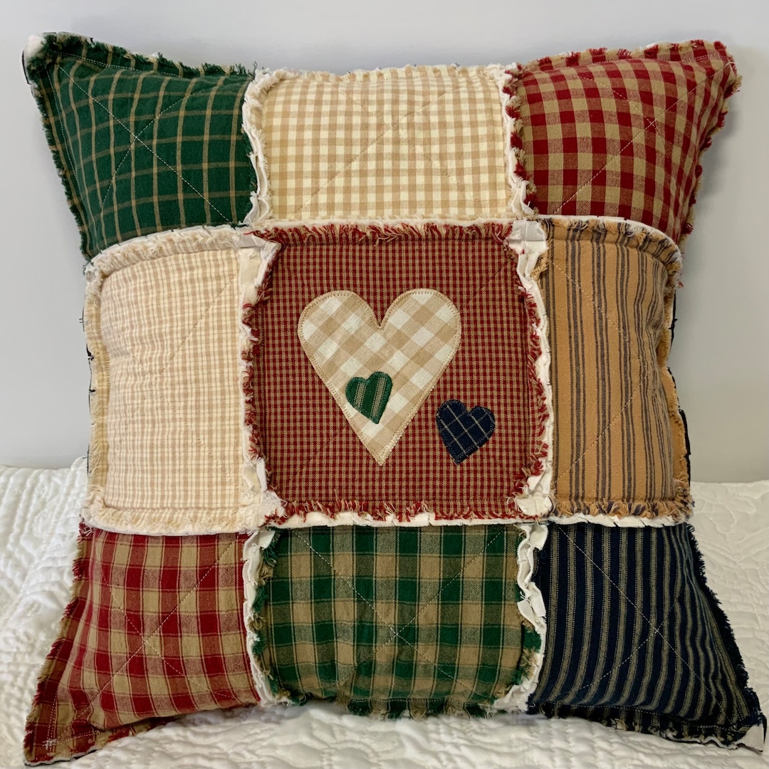 Fall Pillow Cover, Quilted Appliqué Heart Pillow Cover, Primitive ...