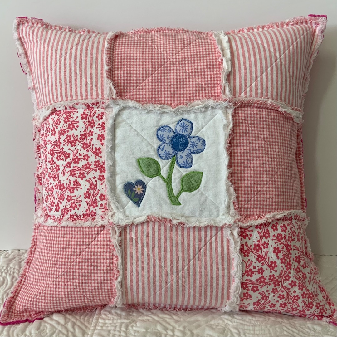 Pink Quilted Pillow Cover, Appliqué Pillow, Sofa Pillow, Rag Quilt ...