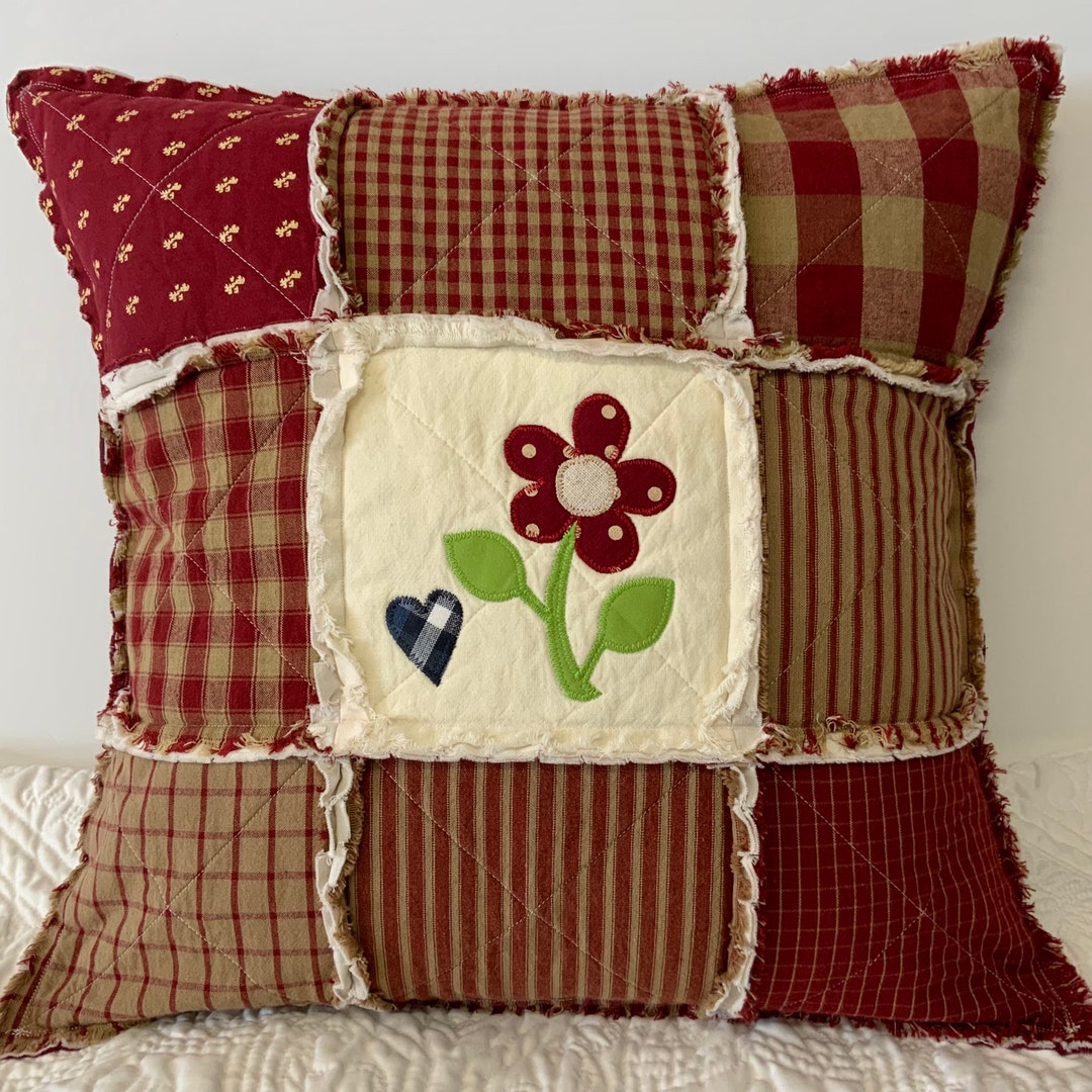 Red Quilted Pillow Cover, Patchwork Pillow, Appliqué Pillow, Flower and ...