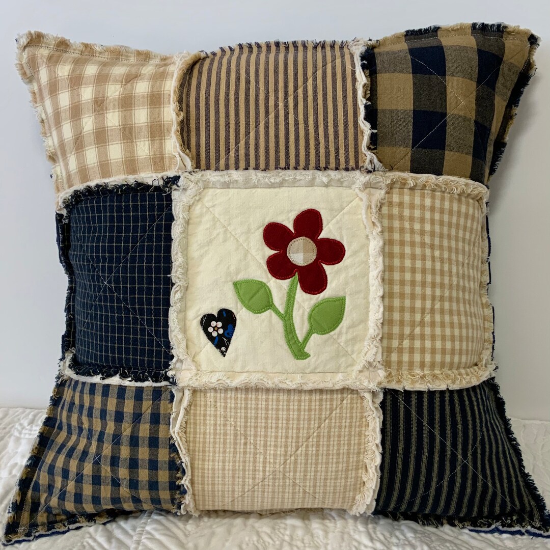 Navy Tan Quilted Pillow Cover, Appliqué Pillow, Farmhouse Pillow ...