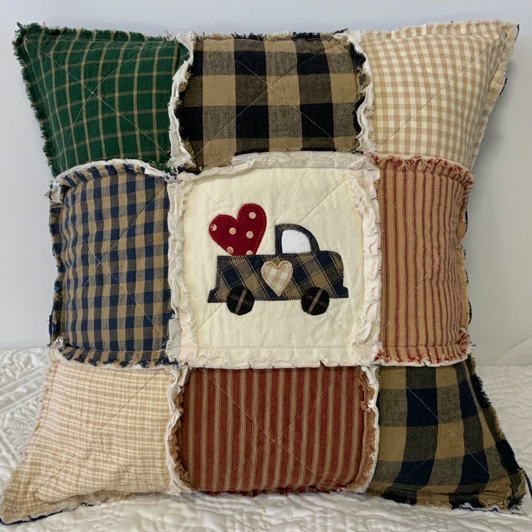 Patchwork Pillow, Quilted Pillow Cover, Appliqué Pillow, Truck Heart ...