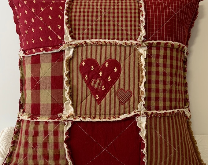Country Red Heart Quilted Pillow Cover, Appliqué Pillow, Rag Quilt ...