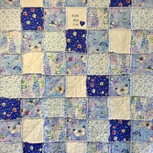 Patchwork Lap Quilt Handmade, Blue and Lavender Quilt, Butterfly Lap Quilt, Embroidered Blanket ...