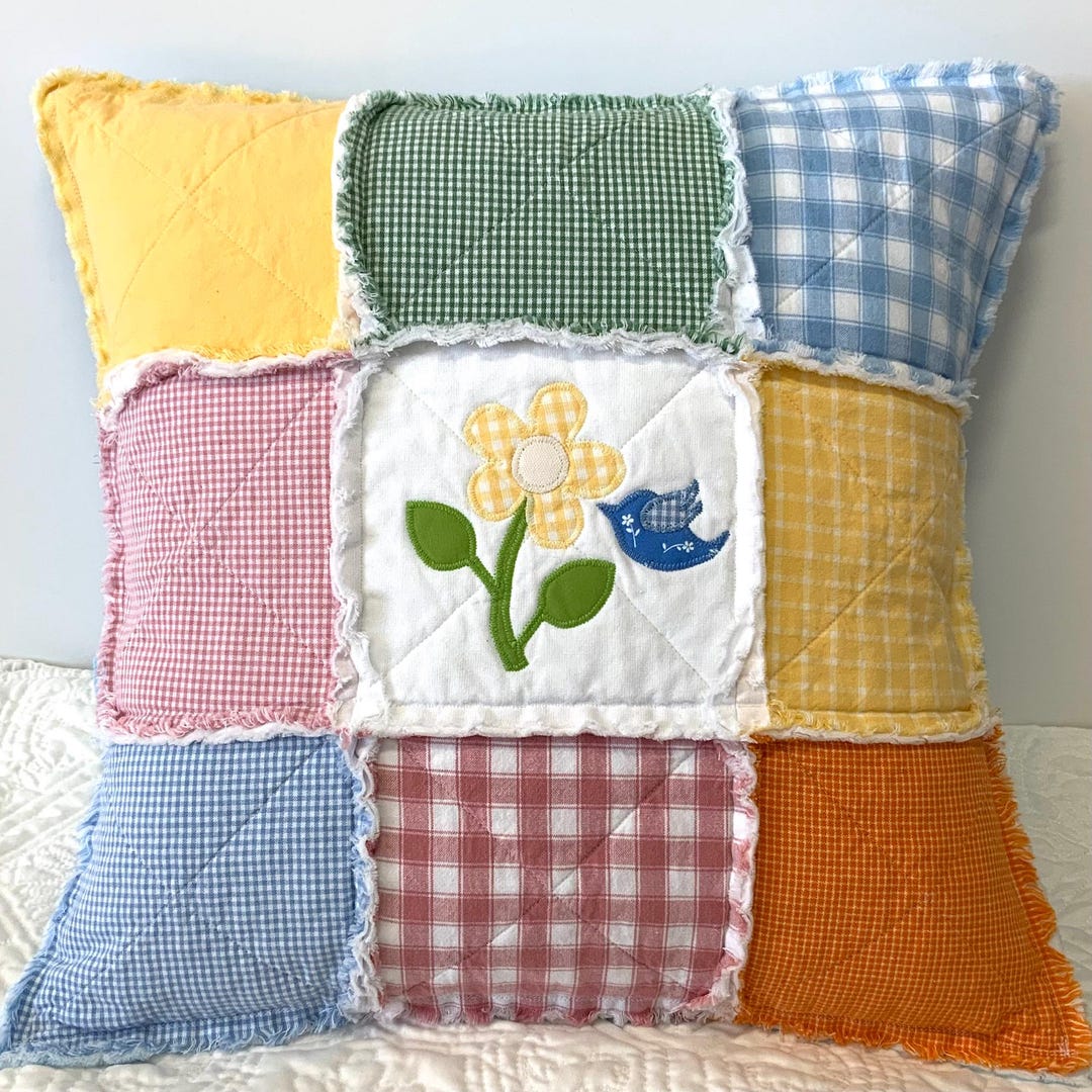 Spring Throw Pillow Cover, Rag Quilt Style, Quilted Pillow, Handmade ...