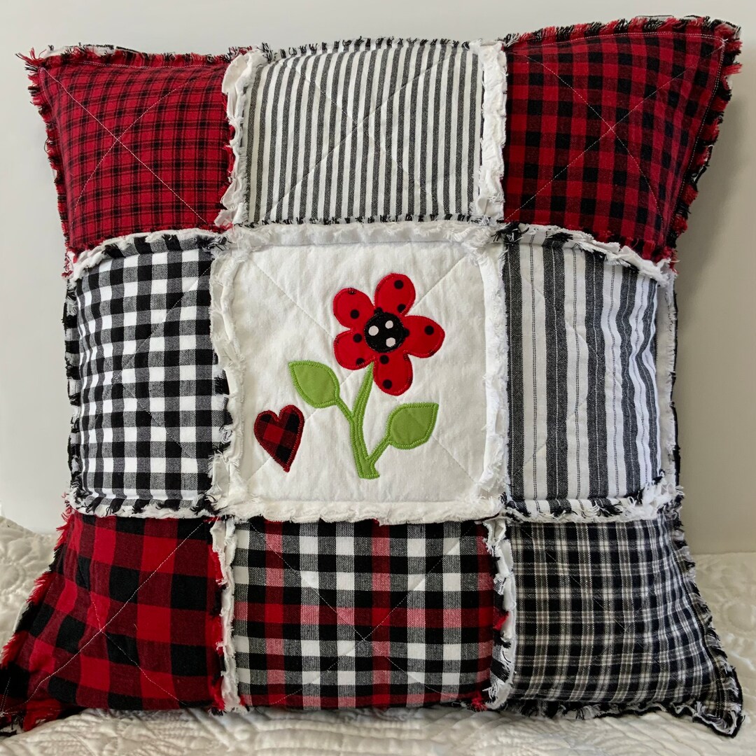 Red Black Quilted Pillow Cover, Appliqué Pillow, Handmade Pillow ...