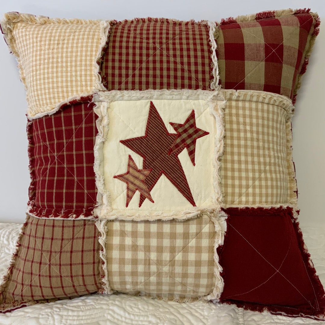 Appliqué Quilted Star Pillow Handmade, Rag Quilt Pillow, 18x18 Pillow ...