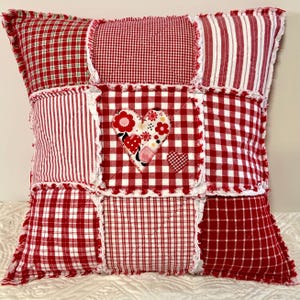 Red Heart Quilted Pillow Cover, Patchwork Pillow, Appliqué Pillow, Rag ...
