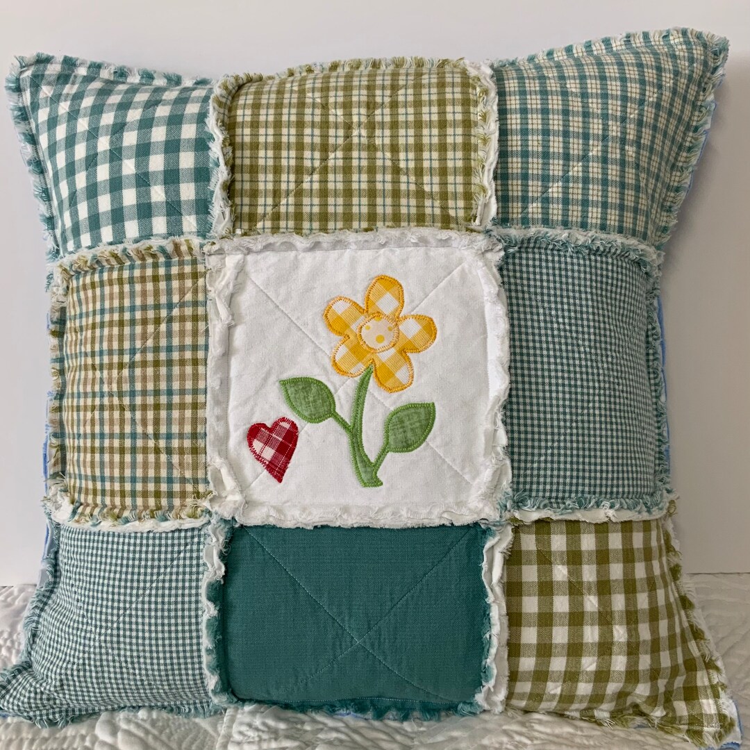 Primitive Quilted Pillow Cover, Teal Blue and Green Pillow, Appliqué ...