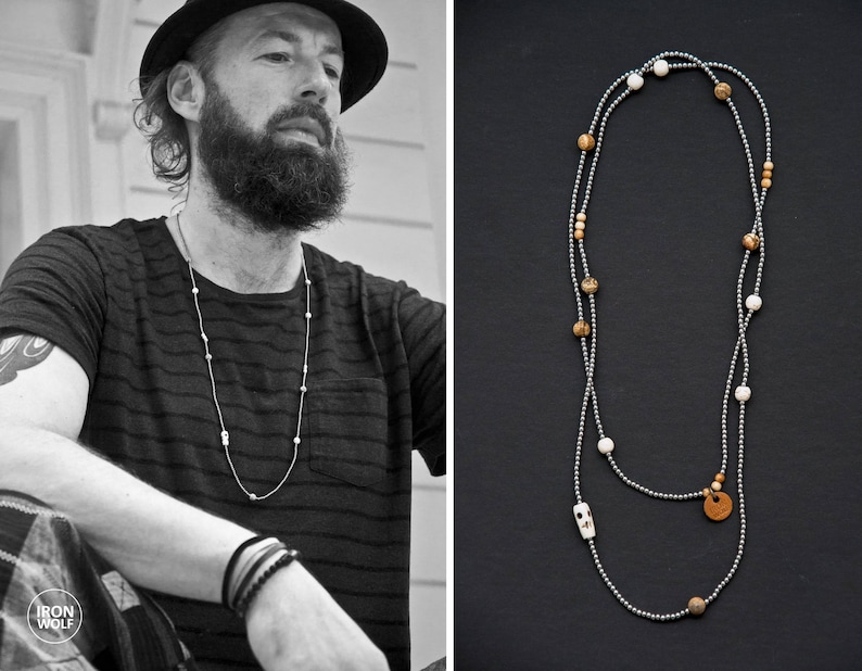 Silver Mens Necklace BONE SKULL Silver Hematite Jasper Bone Silver and ...