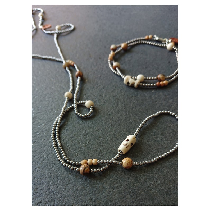 Silver Mens Necklace BONE SKULL Silver Hematite Jasper Bone Silver and ...