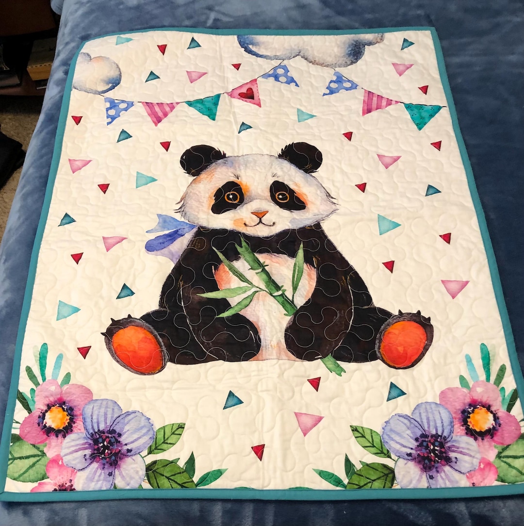 Adorable Baby Panda Quilt Reversible to a Colorful Mosaic Fabric ...