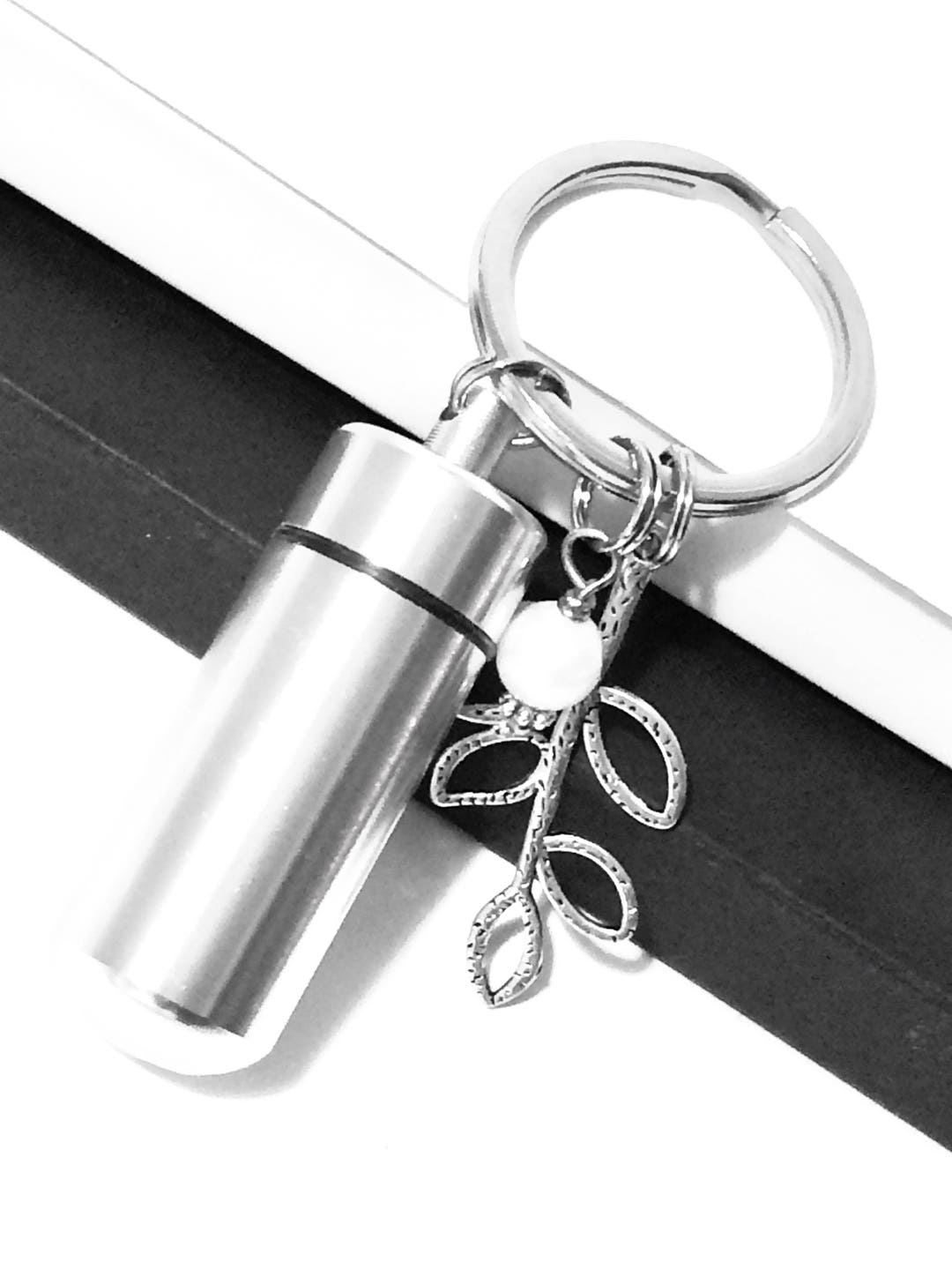 Aluminum Pill Container Keychain: Leaf Charm, Stone Bead - Etsy