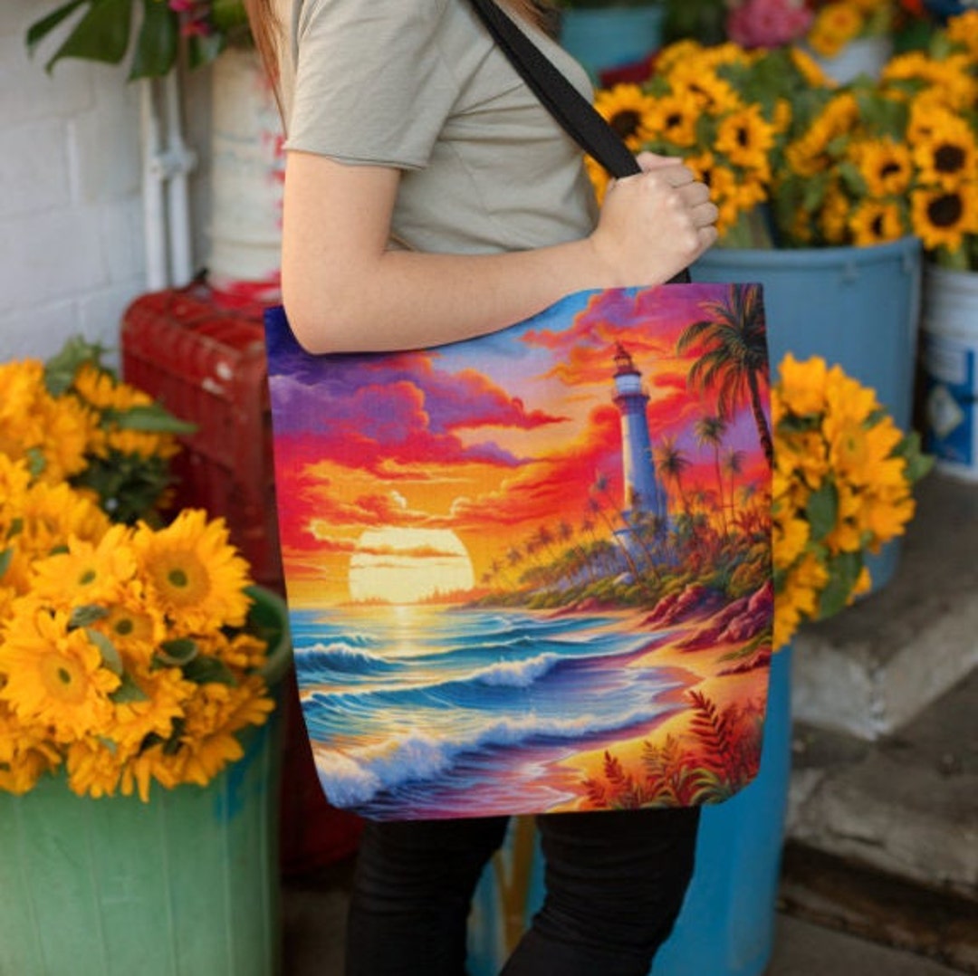 Lighthouse Tote Bag-watercolor Tropical Lighthouse Tote - Etsy