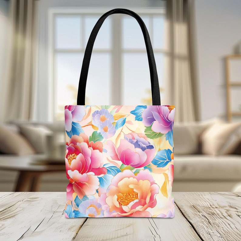Watercolor Japanese Nihonga Floral Tote Bag-colorful Market Bag-flowers ...