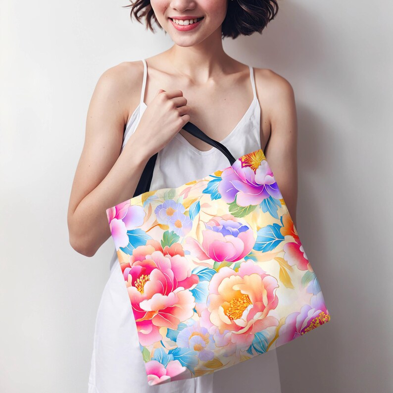 Watercolor Japanese Nihonga Floral Tote Bag-colorful Market Bag-flowers ...