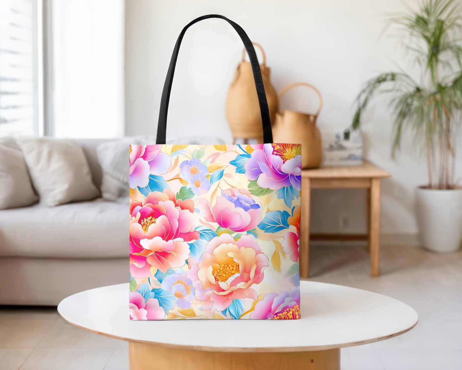 Watercolor Japanese Nihonga Floral Tote Bag-colorful Market Bag-flowers ...