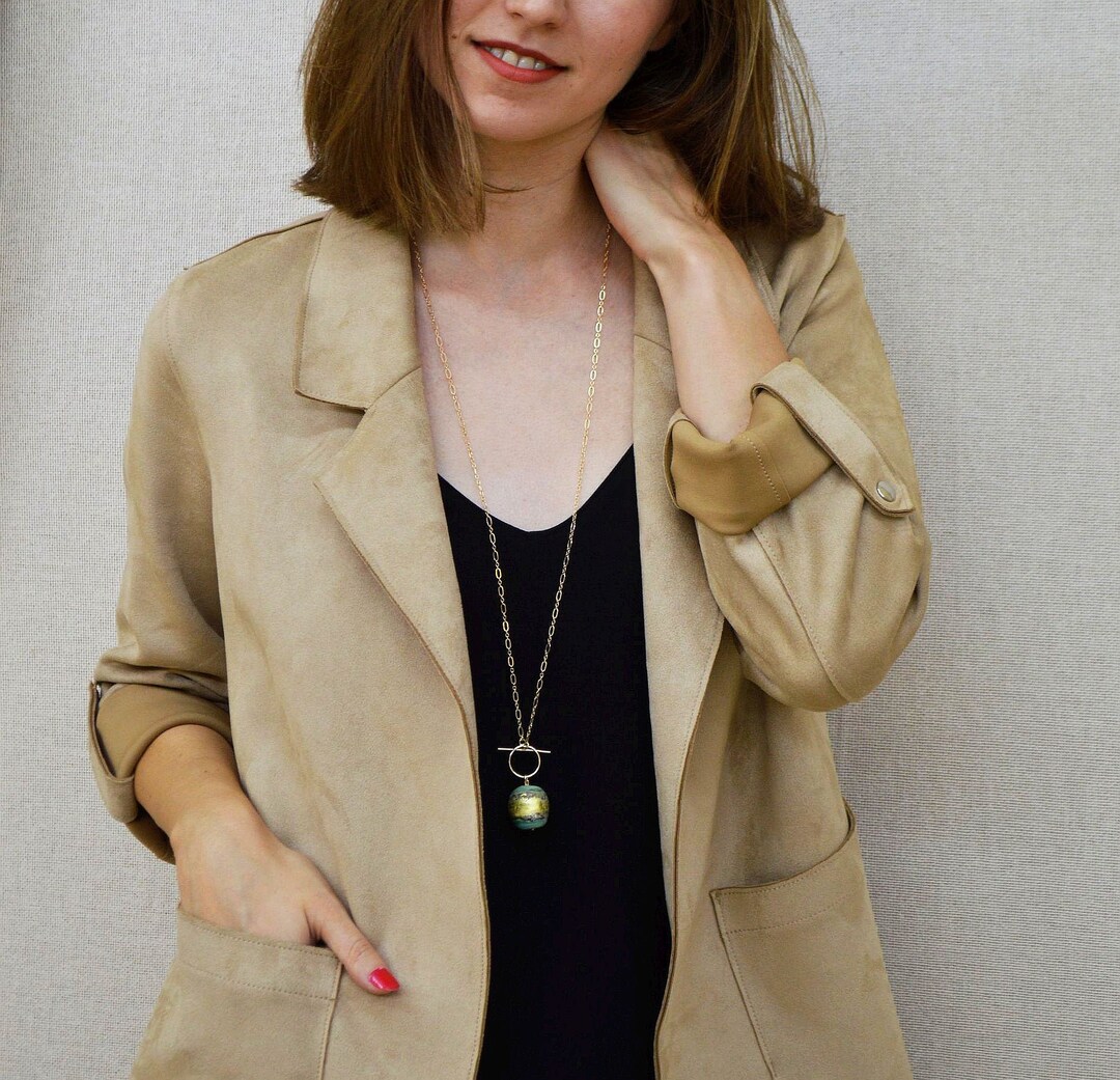 Matte Glass & Gold Statement Long Necklace, Gold Necklace, Handcrafted ...
