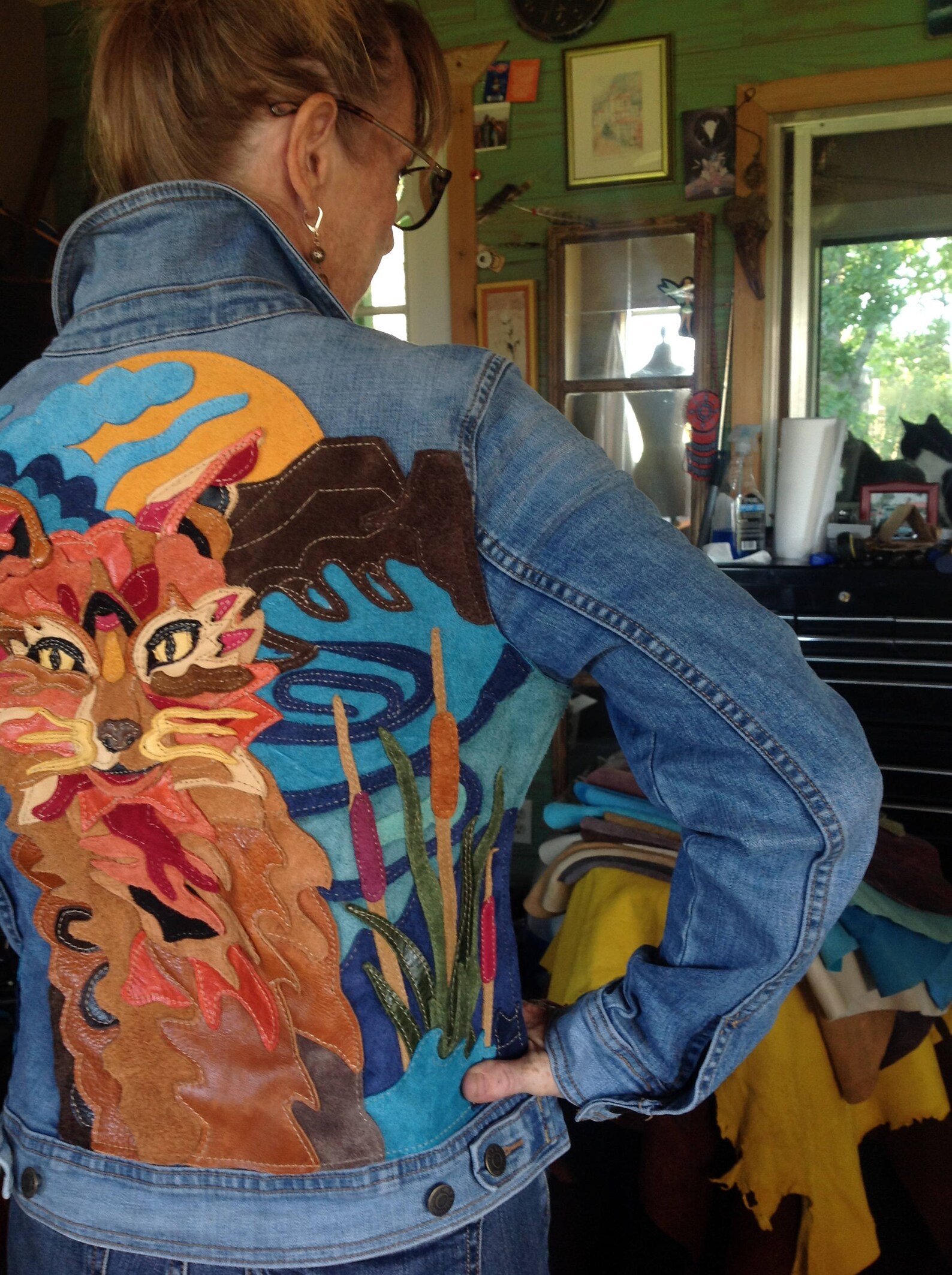 Bobcat With Cat Tails ~ Leather Appliqué Ladies Denim Jacket, # ...