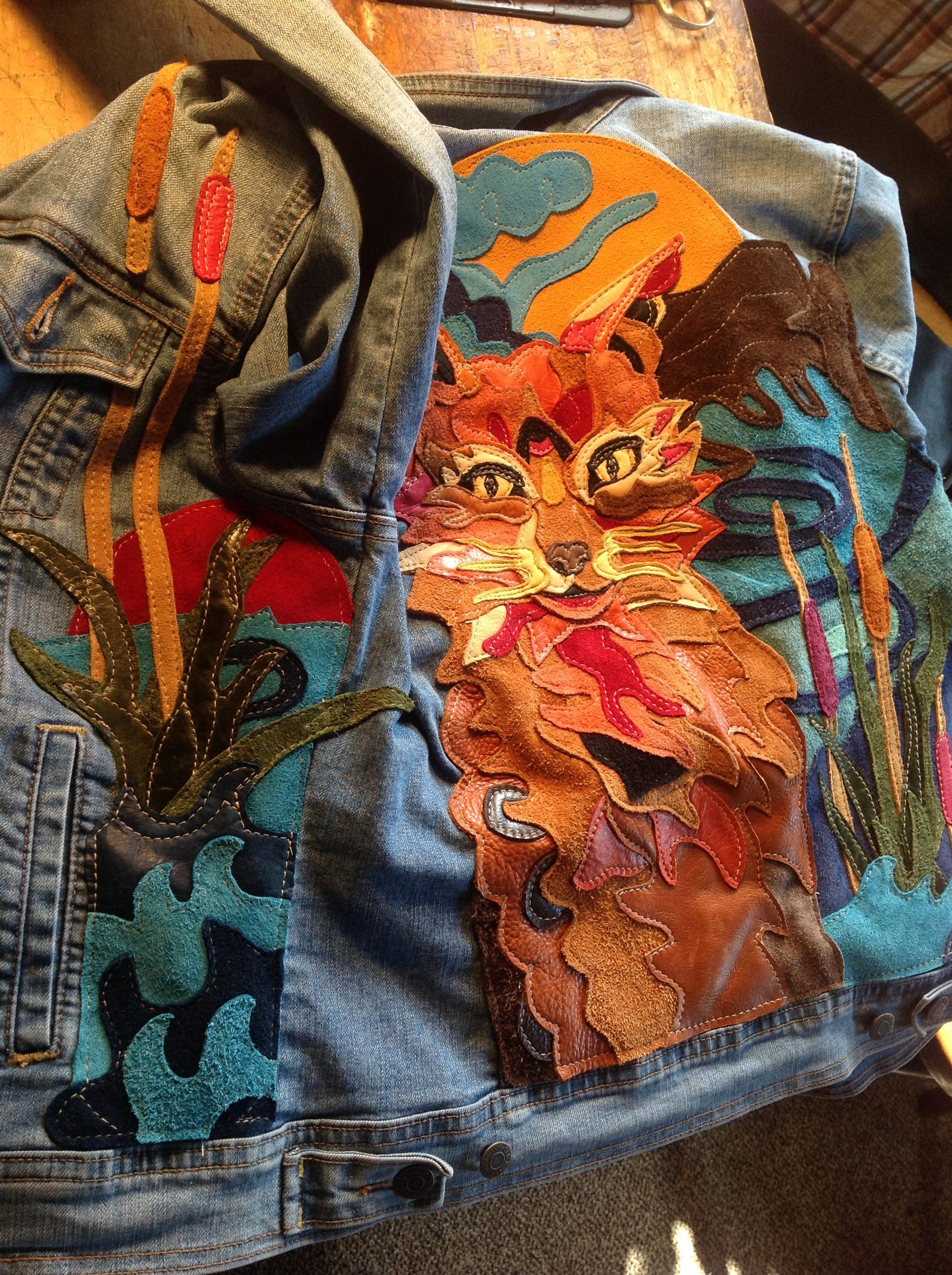 Bobcat With Cat Tails ~ Leather Appliqué Ladies Denim Jacket, # ...