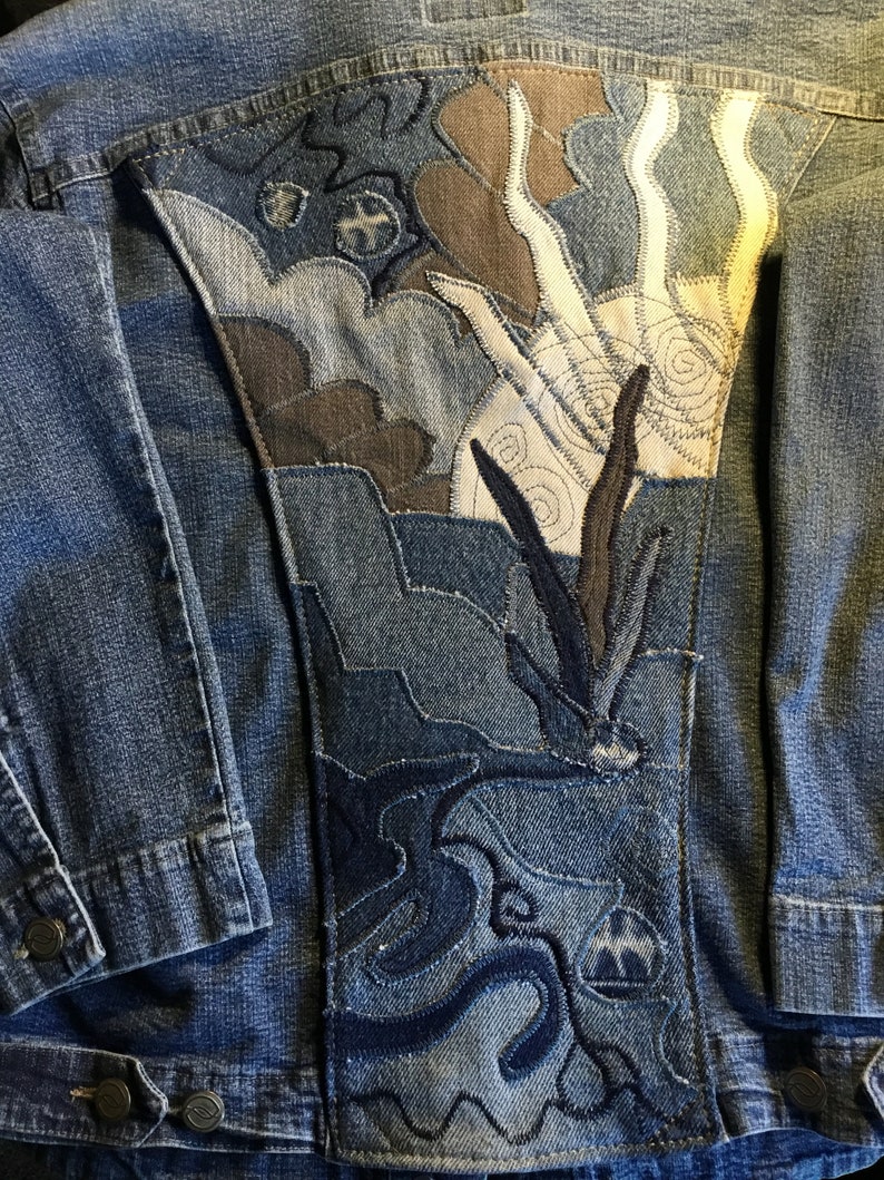 Womens Short Jacket One of a Kind Appliqué Embellished Fades of Denim ...
