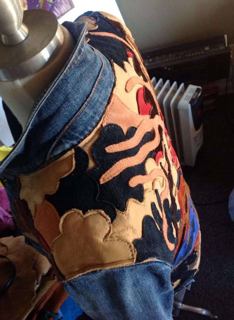 Jaguar and Wise Tree ~ Leather Appliqué on Denim Ladies Short Jacket - Etsy