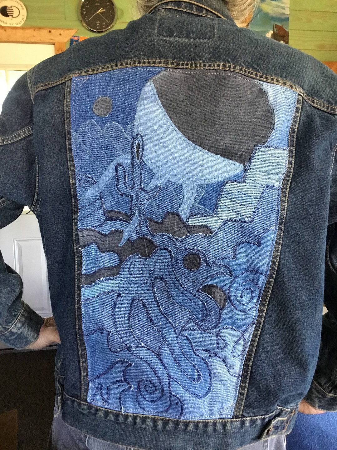 Men’s Denim Jacket ~ Denim on Denim Appliqué ~ Back Panel Embellished ...