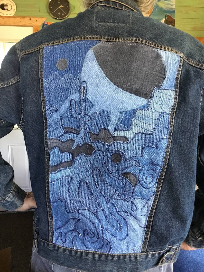 Men’s Denim Jacket ~ Denim on Denim Appliqué ~ Back Panel Embellished ...