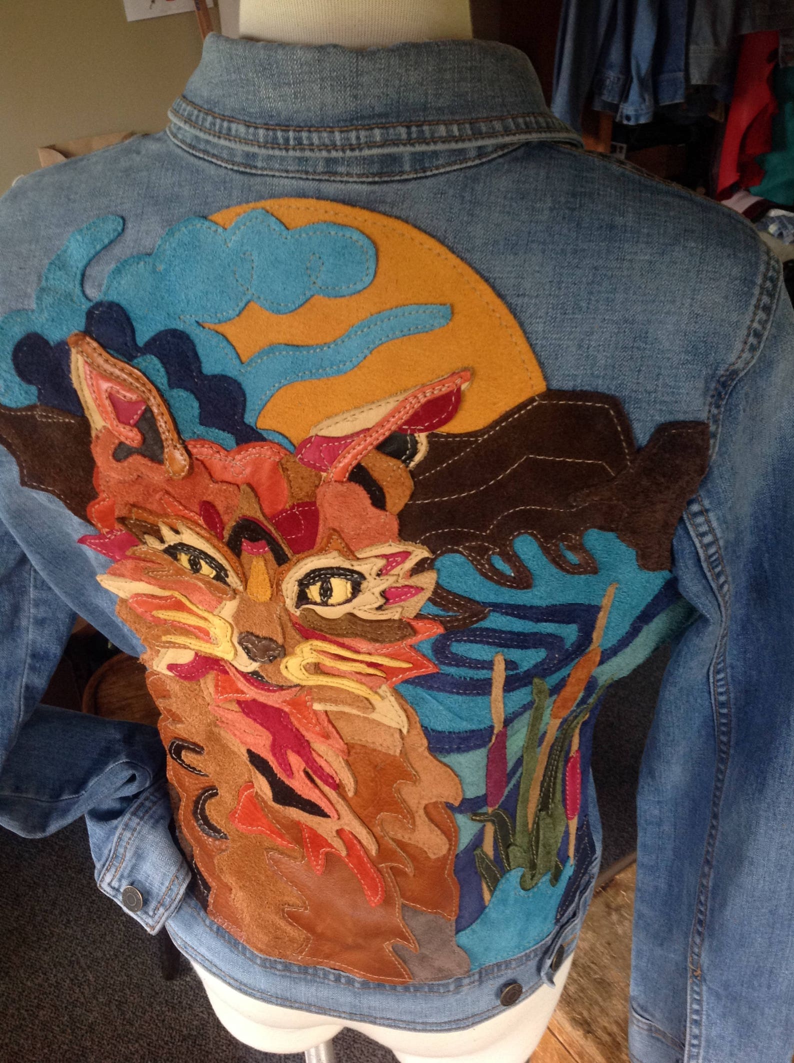 Bobcat With Cat Tails ~ Leather Appliqué Ladies Denim Jacket, # ...