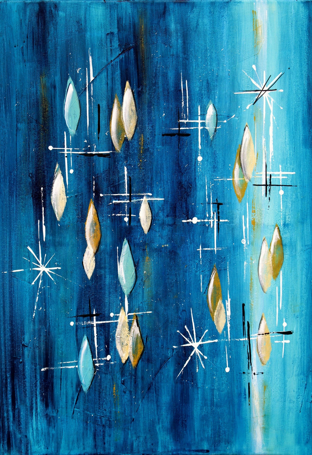 Mid-century Modern Diamond Art Print: Blue & Gold Starburst - Etsy