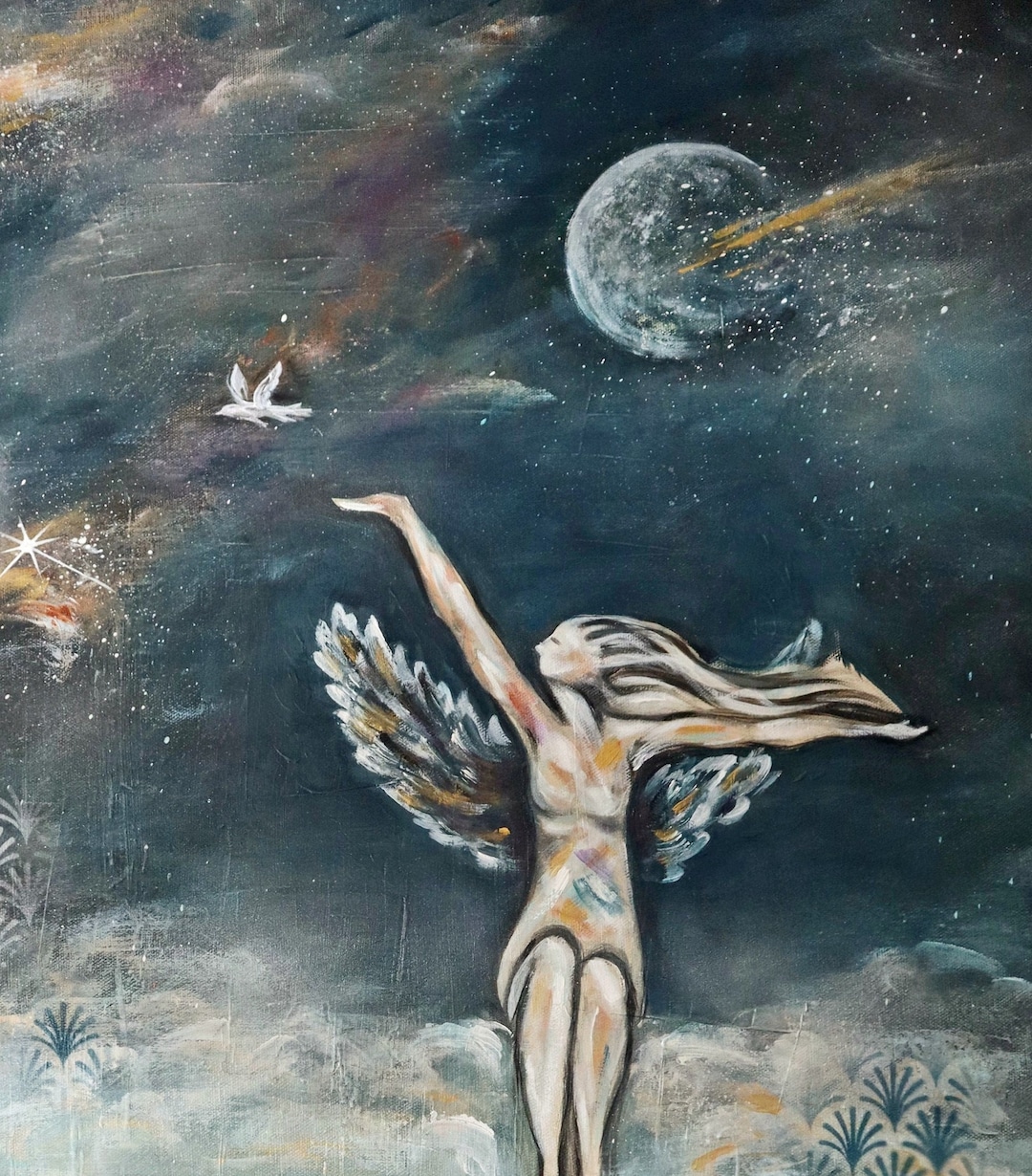 Original Painting Art Deco Angel of Peace Moon Light Heavenly Realm ...