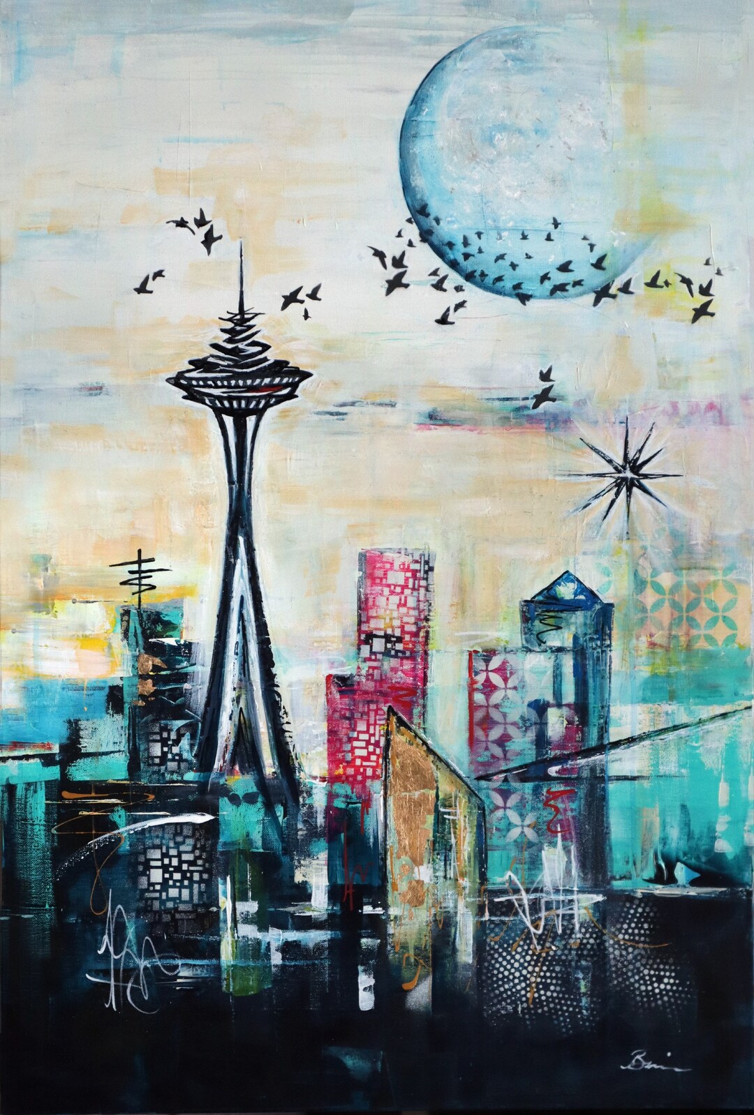 Seattle Skyline Art Print: Mid-century Modern Space Needle Painting - Etsy