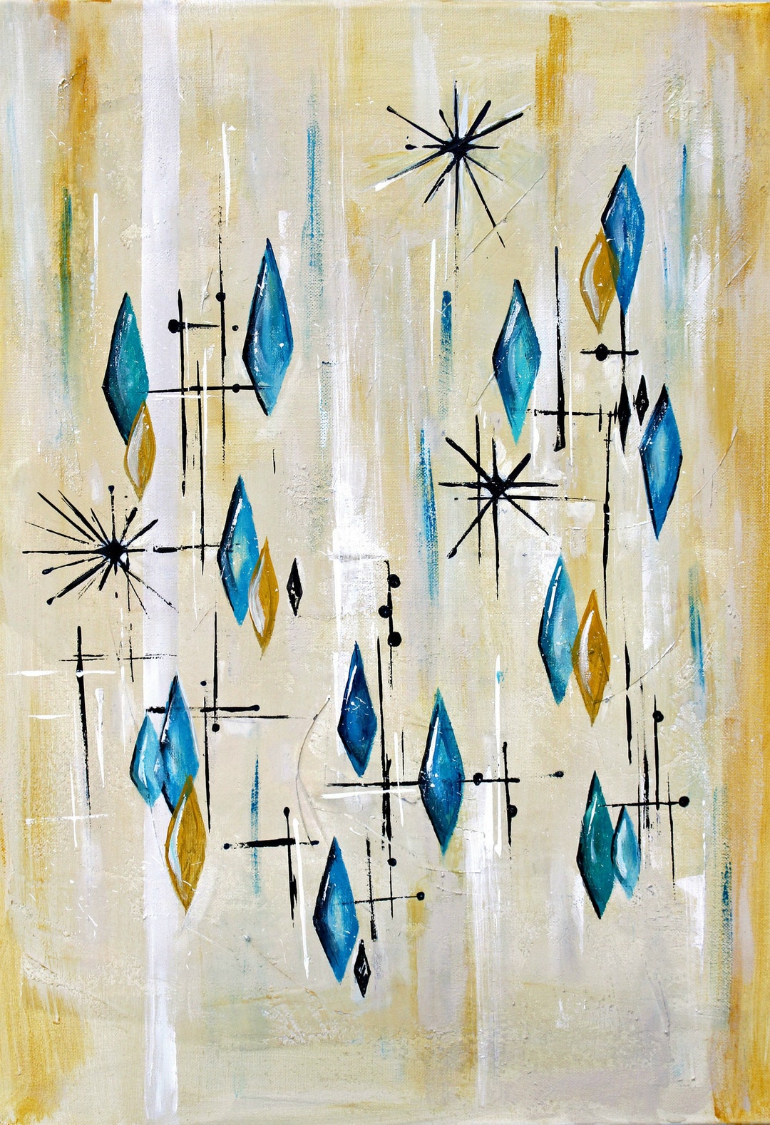 Mid-century Modern Diamond Art Print: Blue & Gold Starburst - Etsy