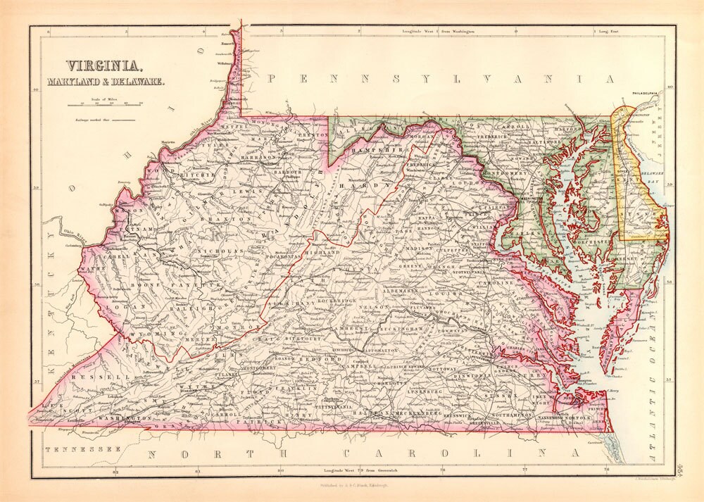 Map of Virginia, Maryland, Delaware. 1867 - Etsy
