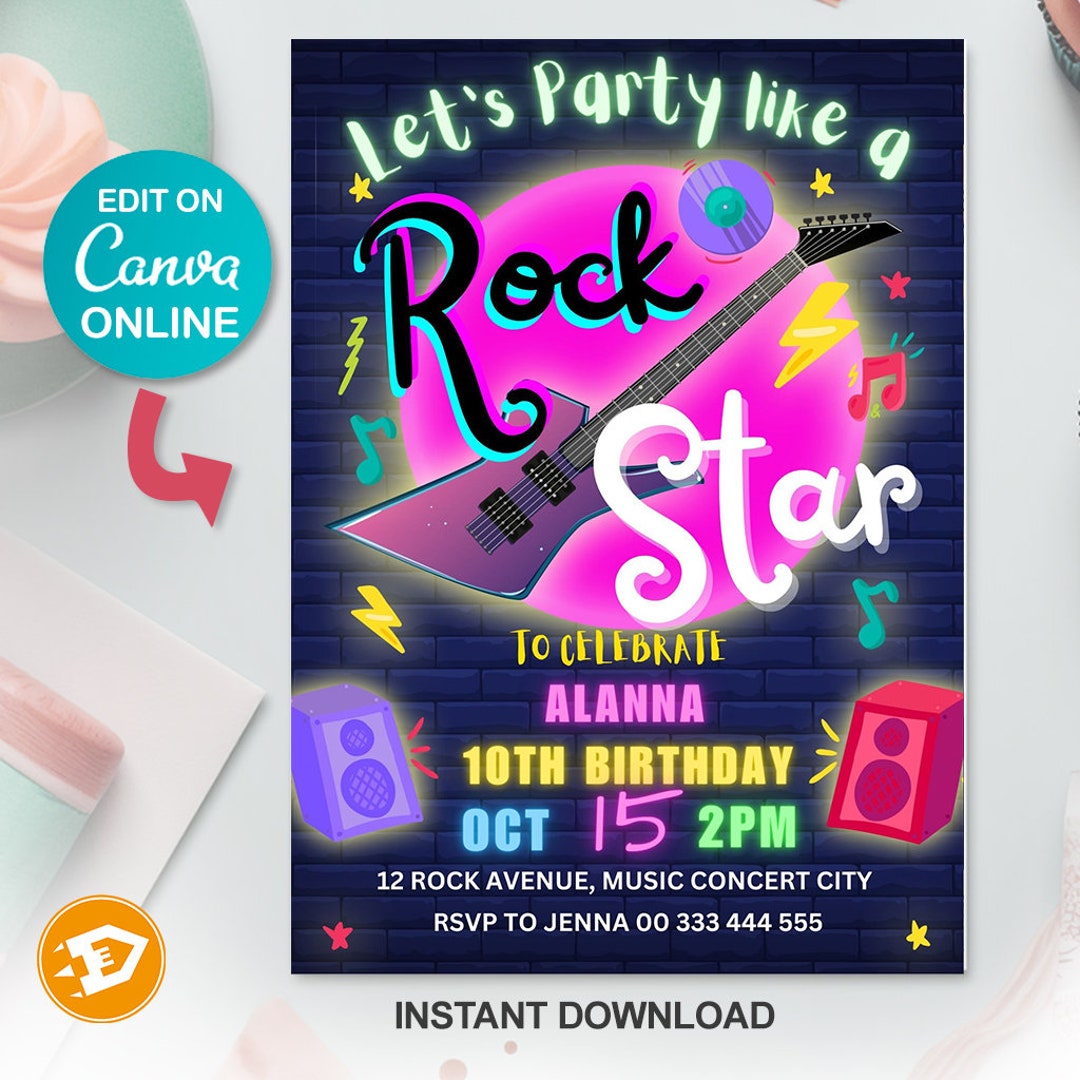 Rock Star Birthday Invitation - Rock Digital Invite, Music Birthday ...
