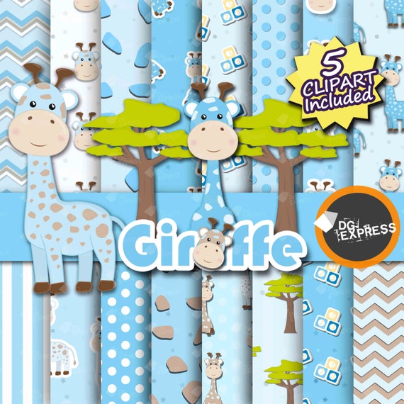 Giraffe Clipart + Digital Paper - Blue , Giraffe Scrapbook Paper ...