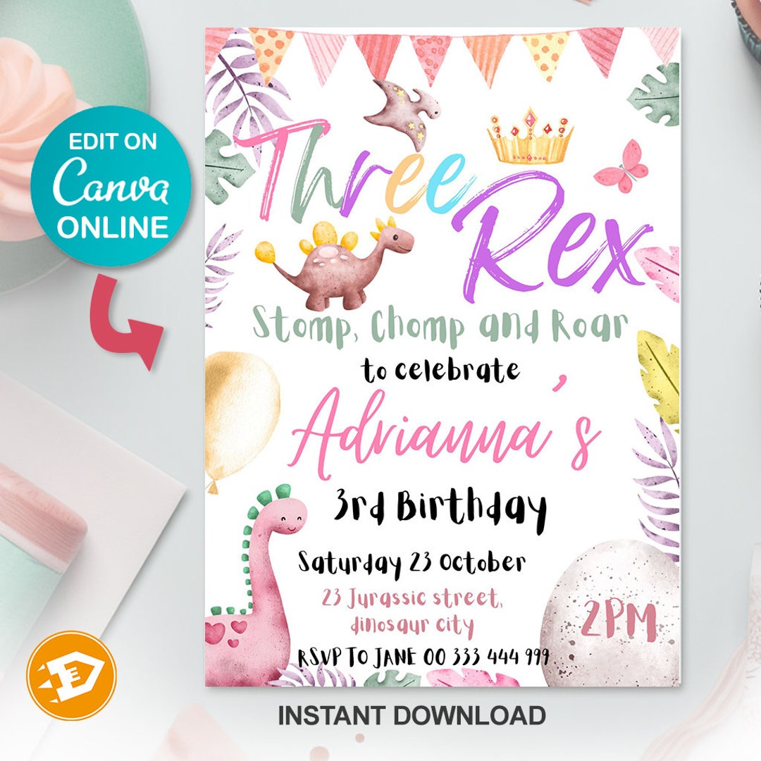 Three Rex Birthday Invitation - Dinosaur Birthday Digital Invite ...