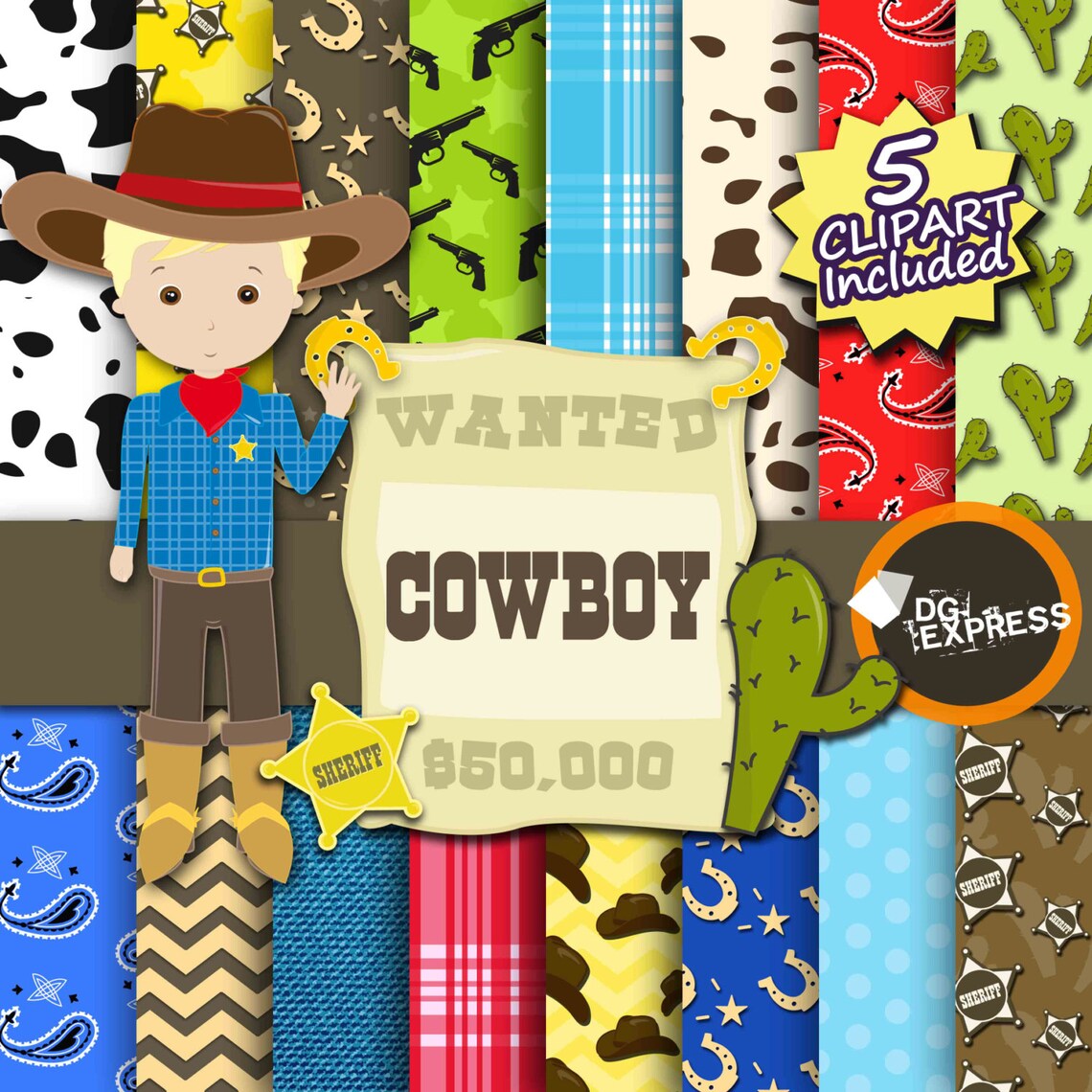 SALE Cowboy Digital Paper Clipart : cowboy Digital - Etsy